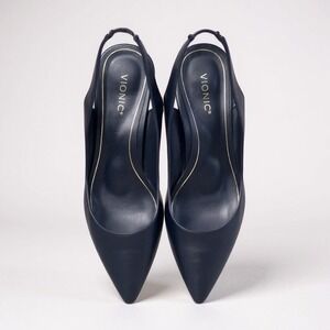 Vionic | Shoes | Vionic Navy Leather Pointed Toe Slingback Kitten Heel ...